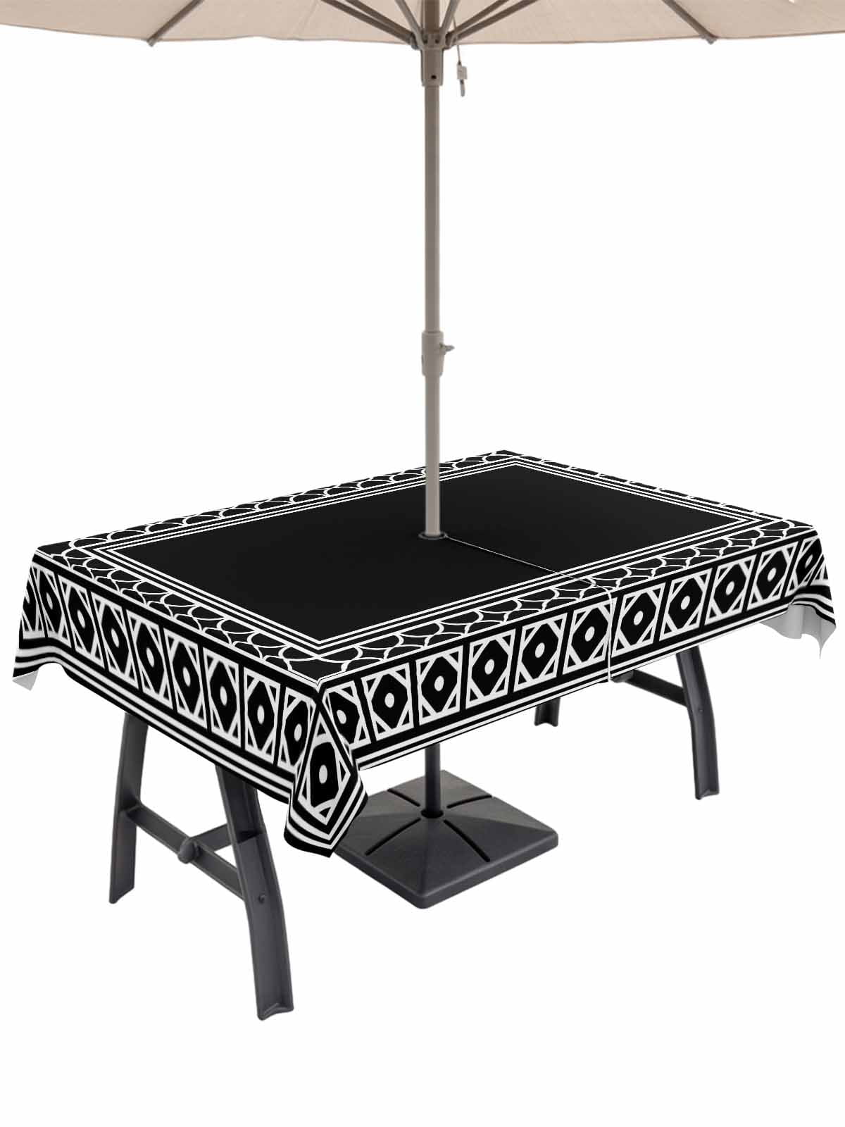 Black Rectangle Outdoor Tablecloth with Umbrella Hole Boho Diamond ...