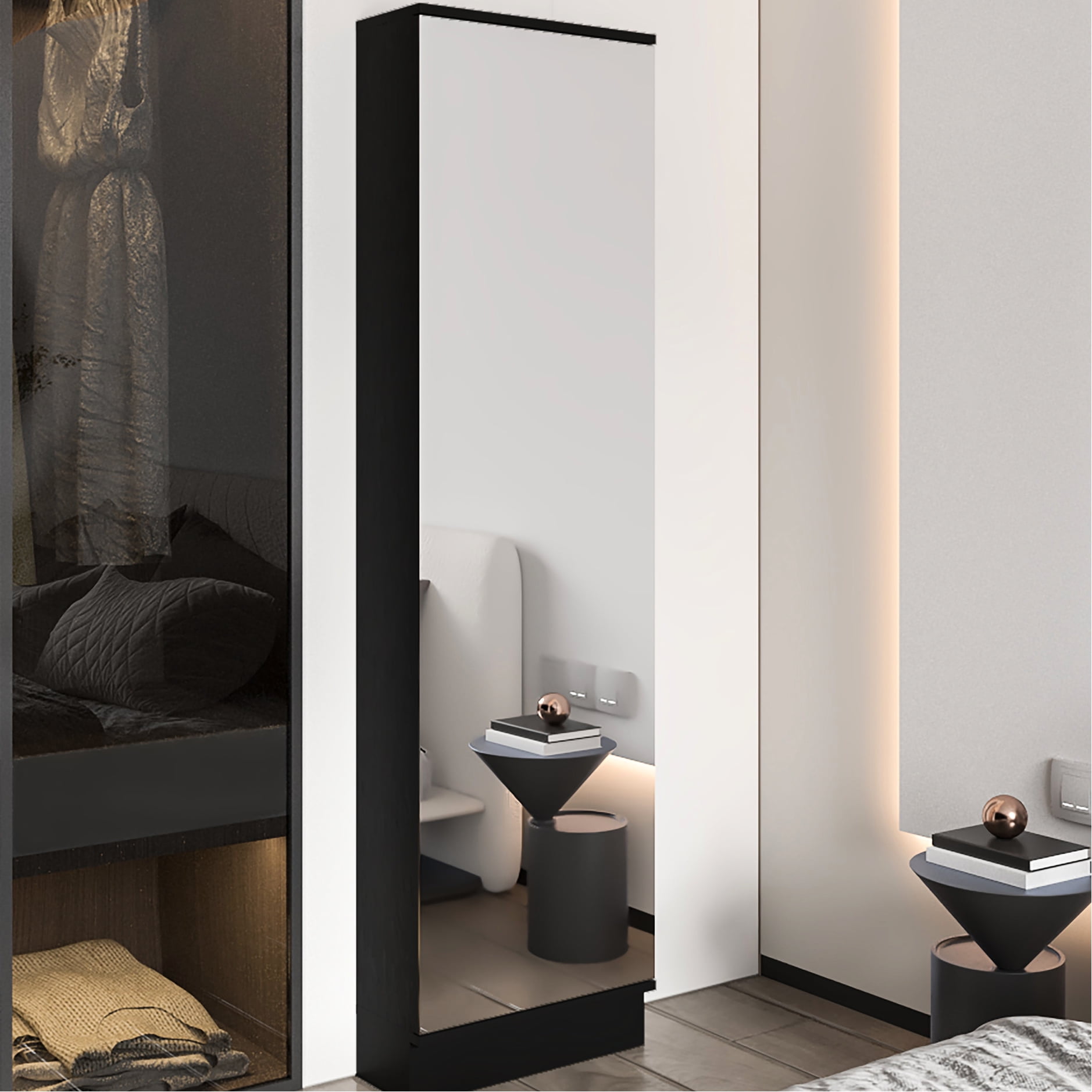 Black Rectangular Shoe Rack With Mirrored Back - 10 Pairs Capacity, 5 ...