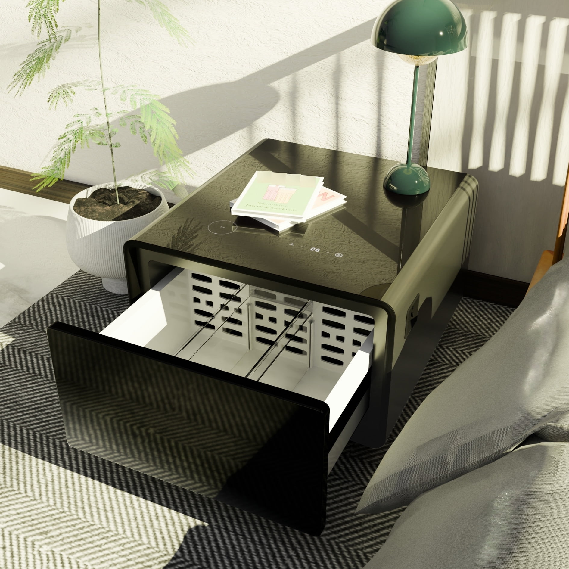 Black Rectangular Table With Built-in Refrigerator, Wireless , And ...