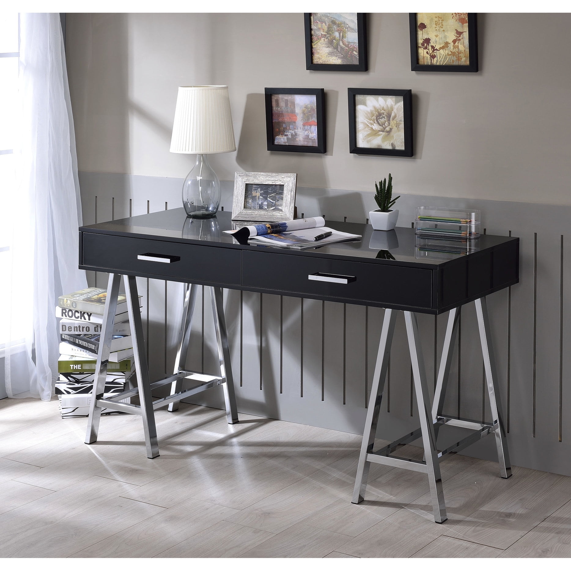 Black Rectangular Writing Desk | USB Port and 2 Drawers for Convenience ...