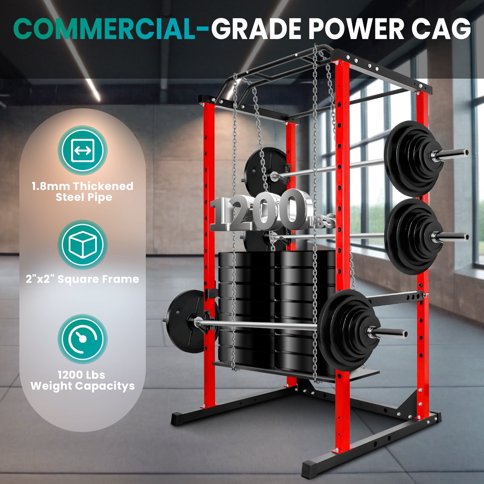 Black/Red 1200 LBS Capacity Power Cage Squat Rack, 14 - Hole Black ...