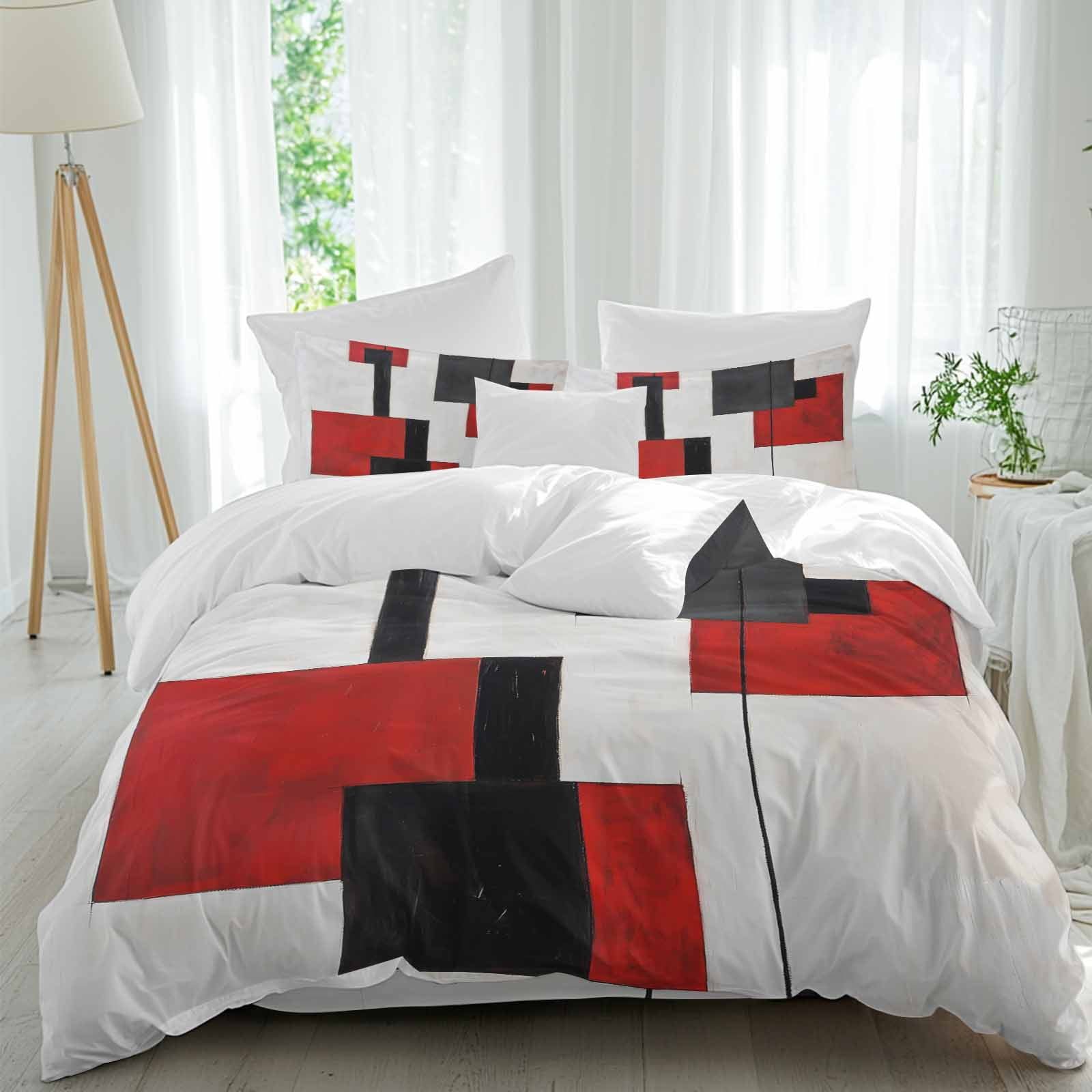 Black Red 4 Piece Duvet Cover Set Queen Size Color Block Stitching Soft ...