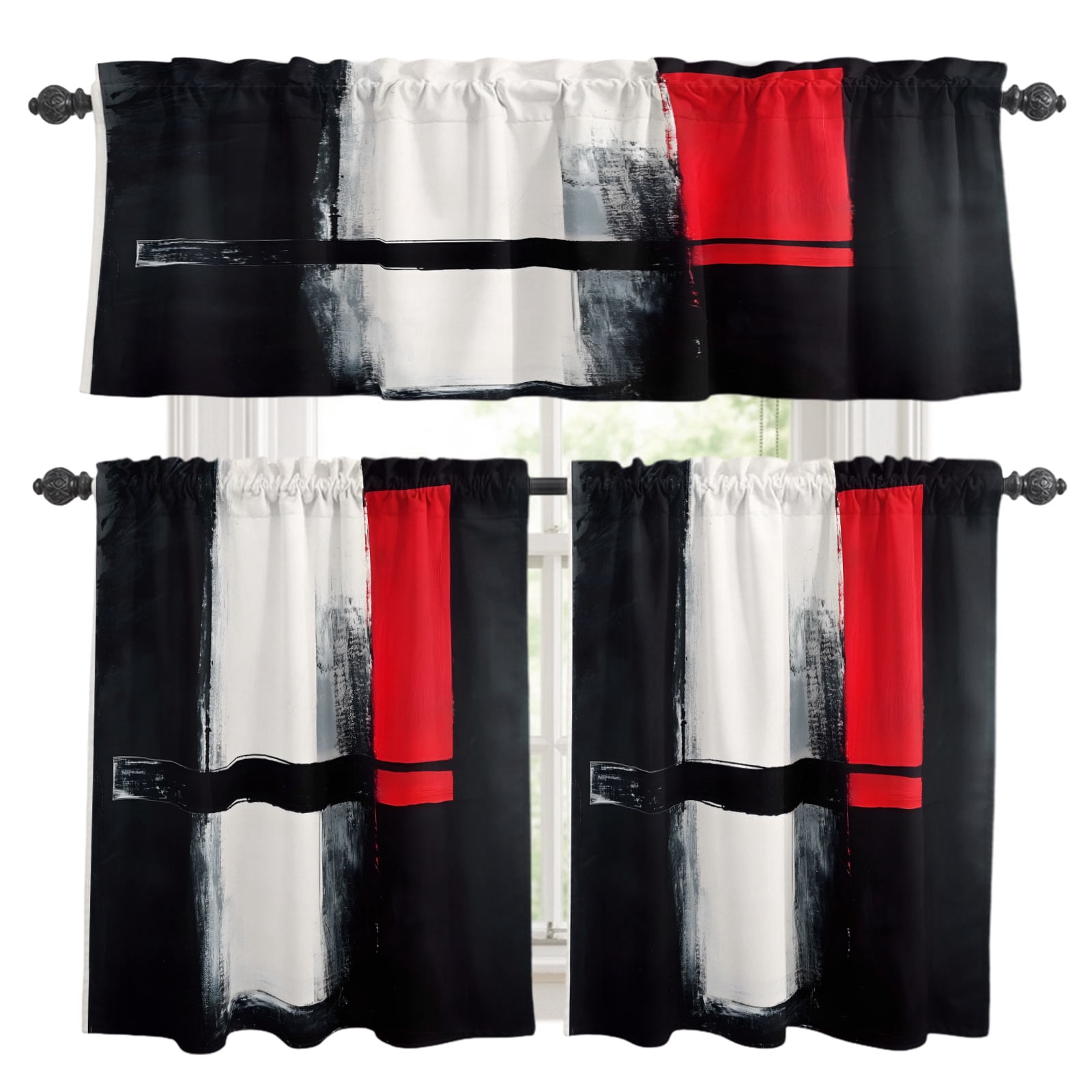 Black Red Abstract Kitchen Curtains Valance and Tier Set Modern ...