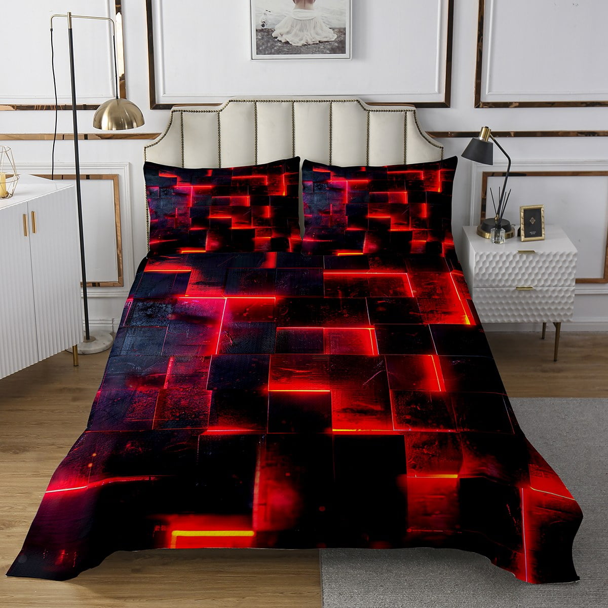 Black Red Abstract Queen Quilt Set Gradient Square Coverlet Queen Size ...