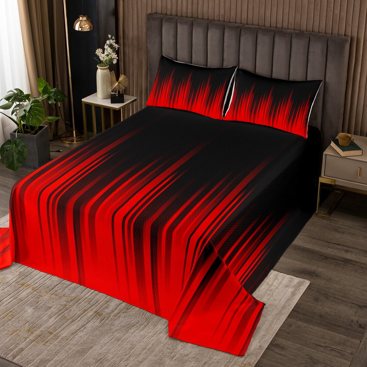 Black Red Bedspread Set Queen Abstract Gradient Stripes Bedding Set ...