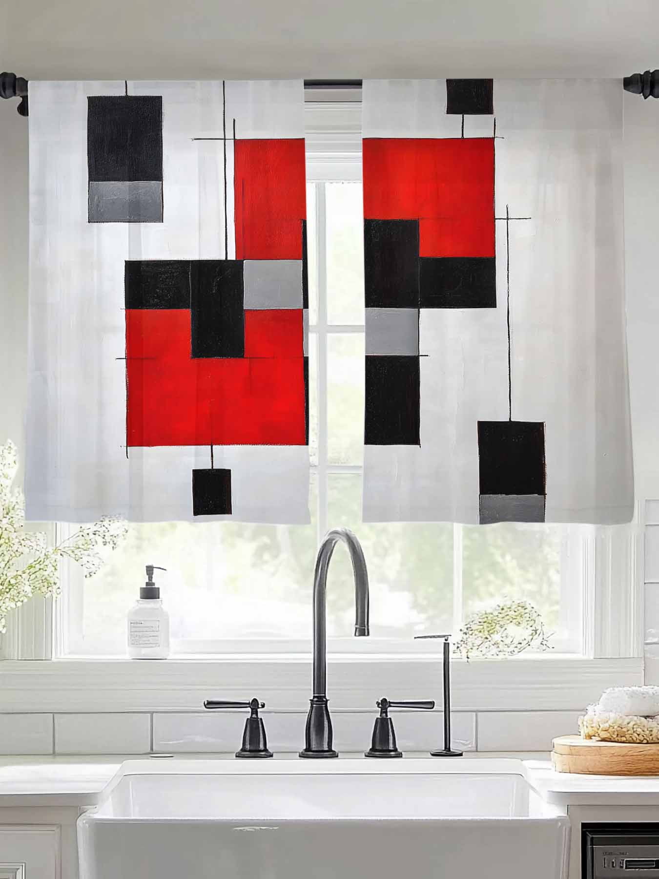 Black Red Block Sheer Curtains 54 Inches Long 2 Panels Geometric ...