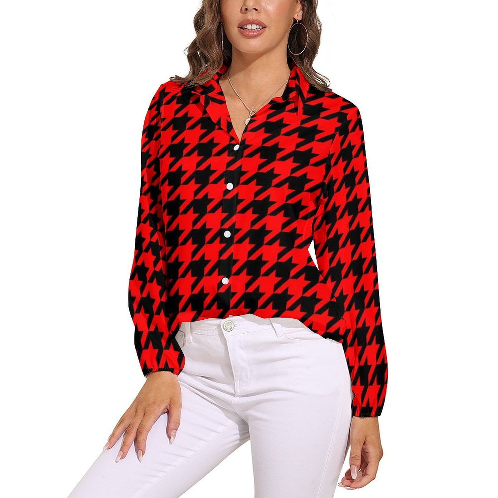Black Red Blouse Check Print Retro Printed Blouses Womens Long-Sleeve ...