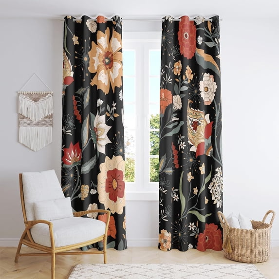 Black Red Boho Floral 95% Blackout Curtains 84 inch Long 2 Panels for ...