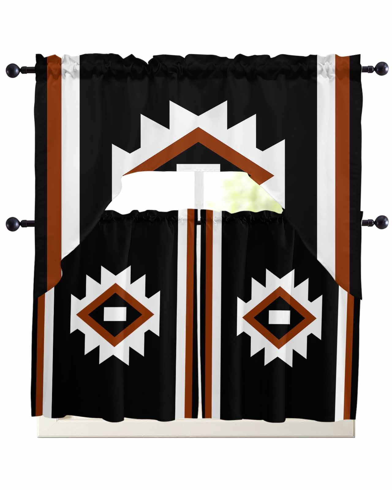 Black Red Boho Kitchen Curtains Sets 24 Inch Length with Valance ...