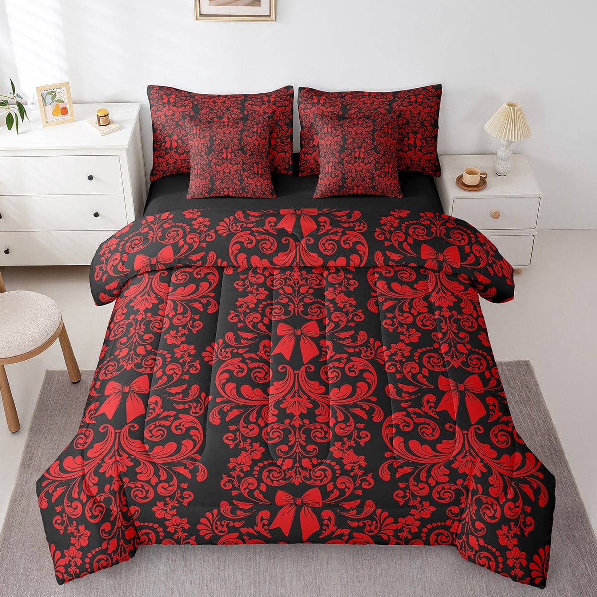 Black Red Bow Knot Bed in a Bag King Size Comforter Set 7 Pieces ...
