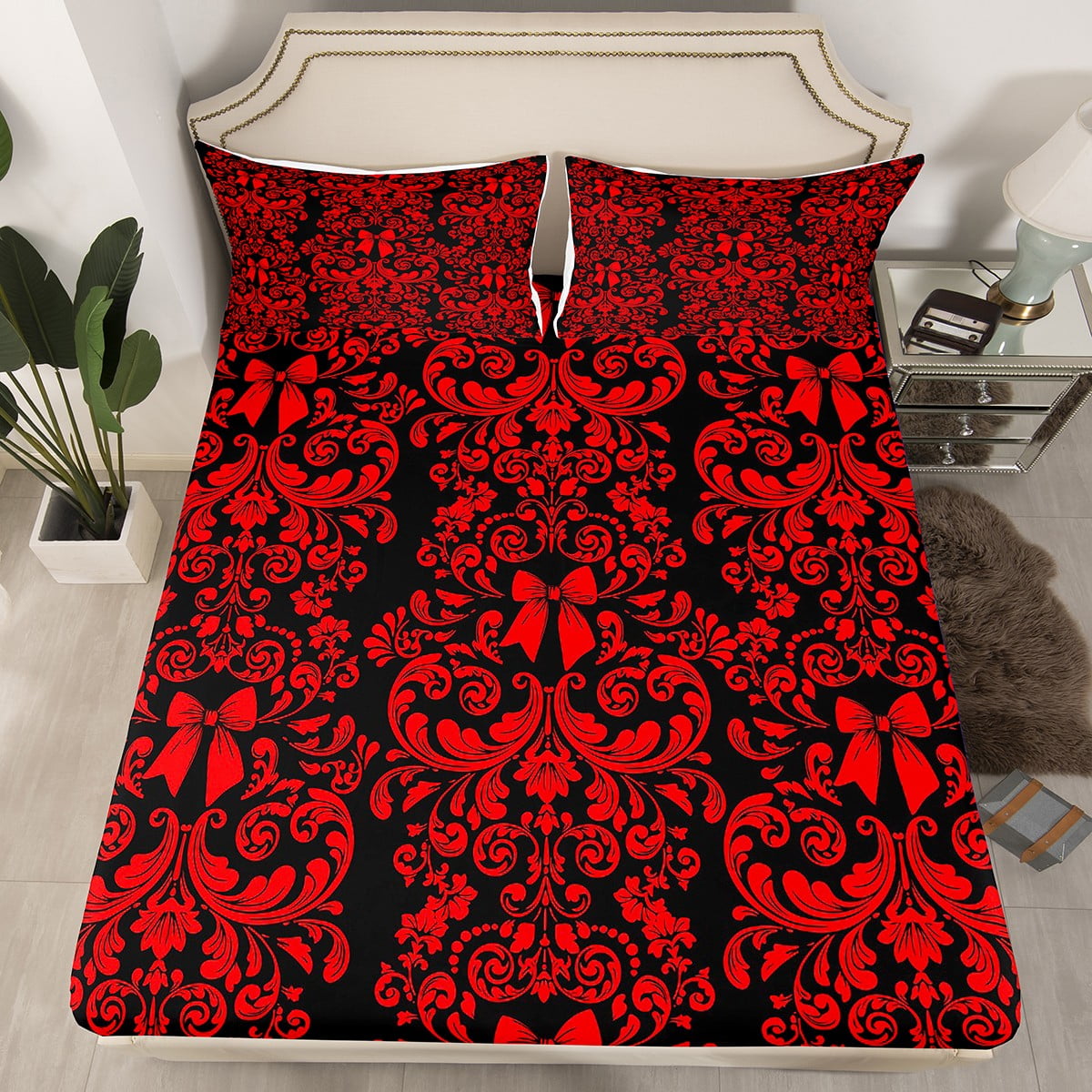 Black Red Bow Knot Fitted Sheet Antique Victorian Damask Bed Sheets ...