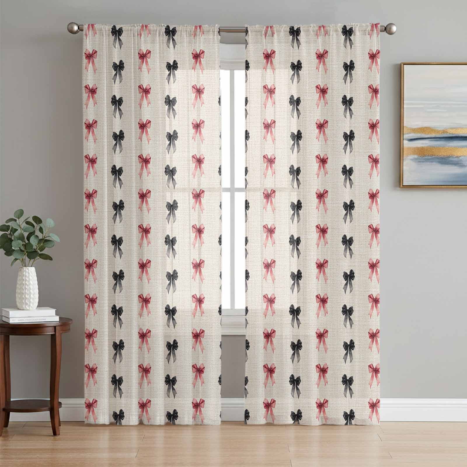 Black Red Bow Sheer Curtains 96 Inch Length 2 Panels Set, Sweet ...