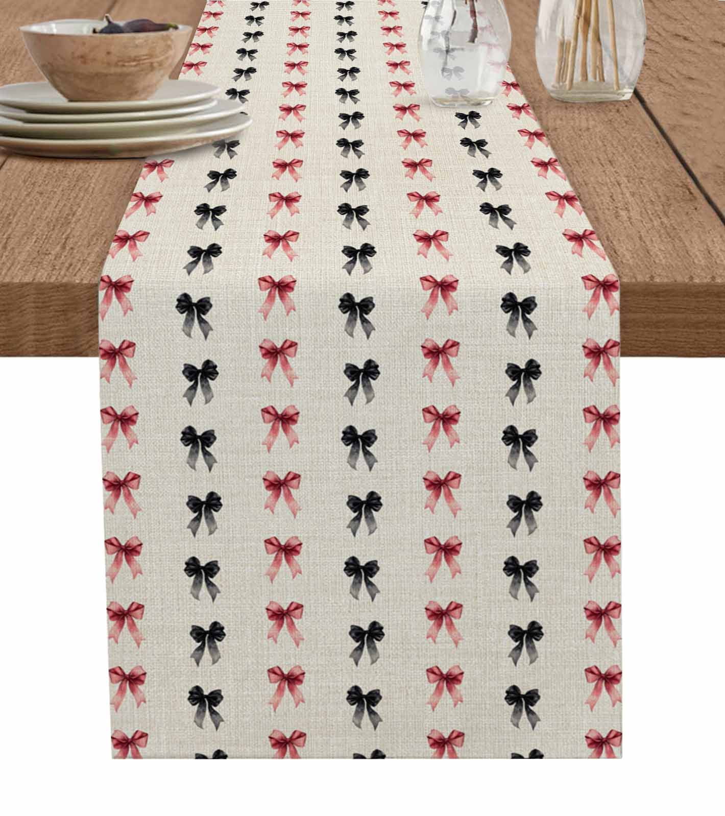 Black Red Bow Table Runner 72 Inches, Sweet Romantic Linen Retro ...