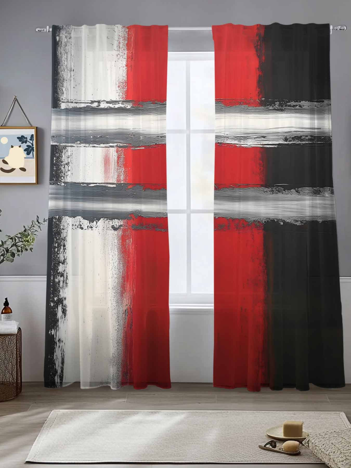 Black And Red Brush Sheer Curtains 96 Inches Long 2 Panels Classic ...