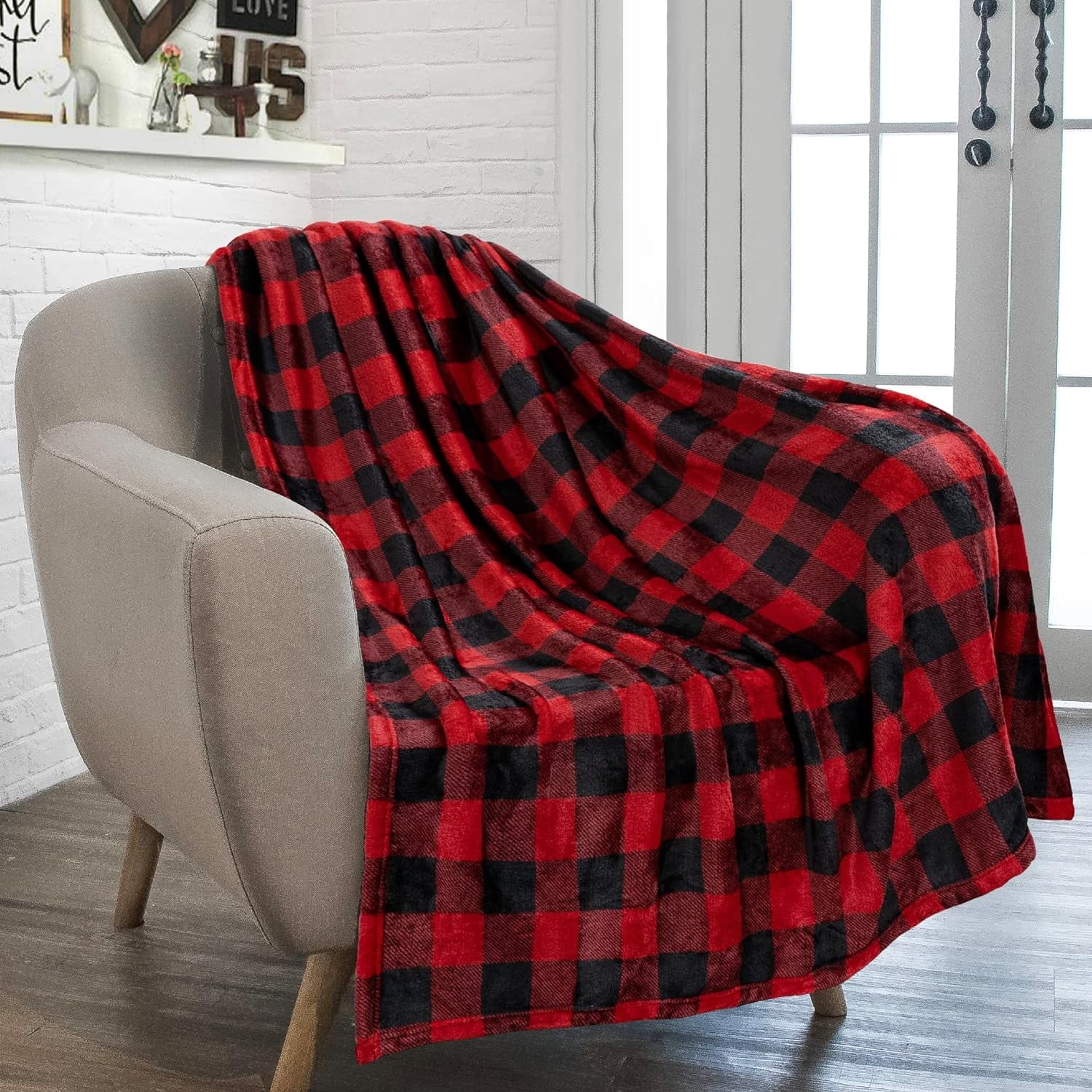 Black and Red Buffalo Plaid Fleece Throw Blanket for Couch, Soft ...