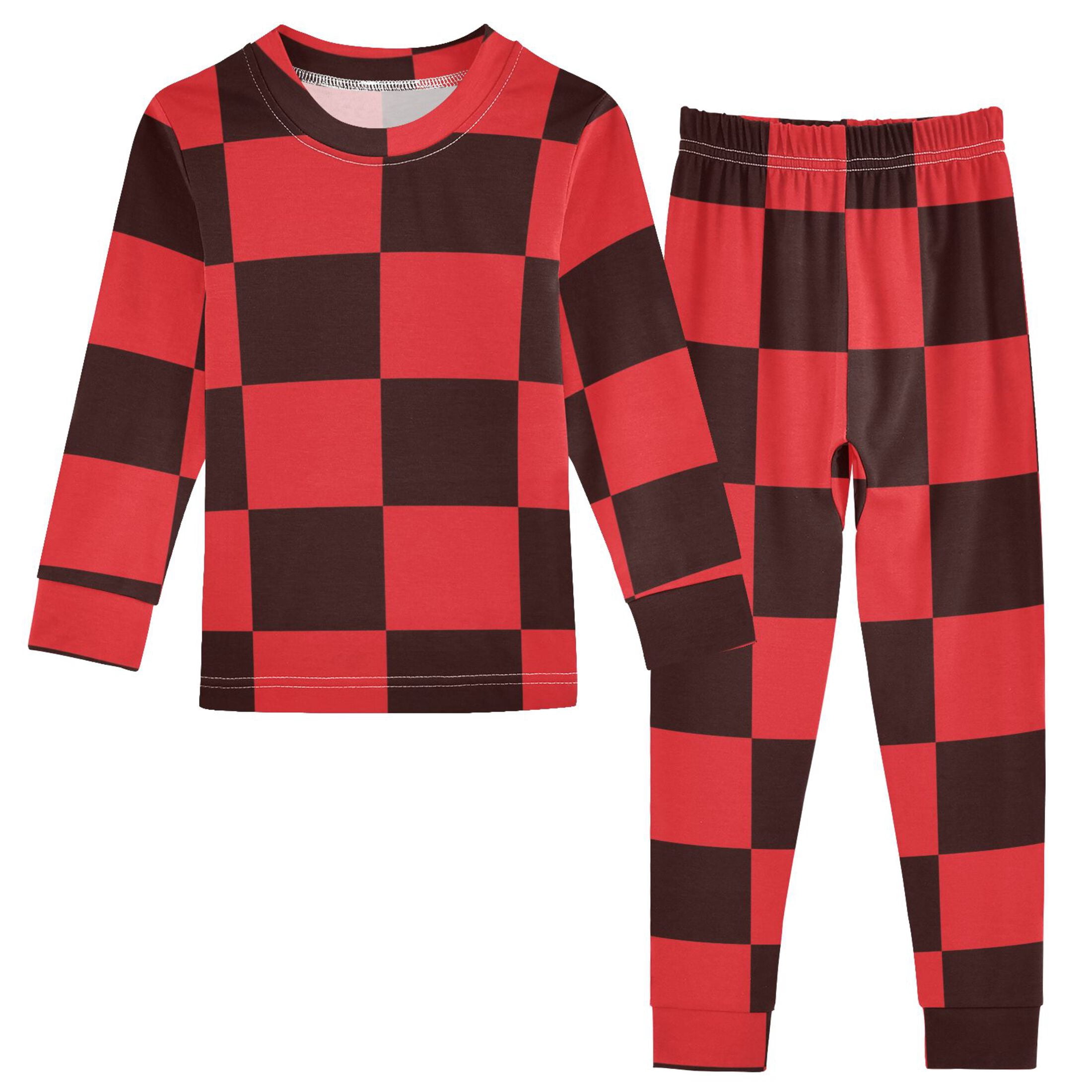 Black Red Checked Pattern Cotton Pajamas 2 Piece Set Sleepwear Soft and ...