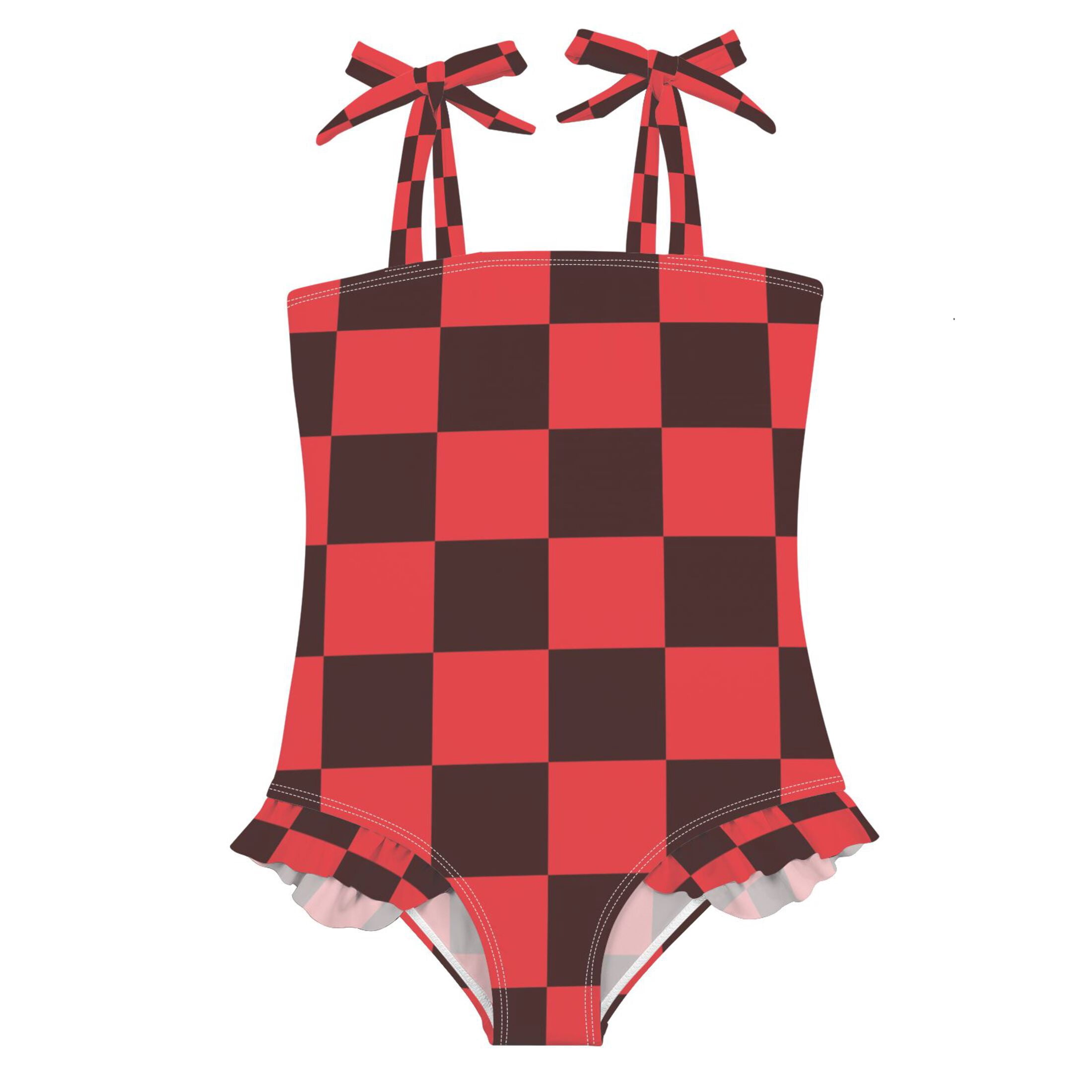 Black Red Checked Pattern Girls' One-Piece Swimsuit Bowknot Tie ...