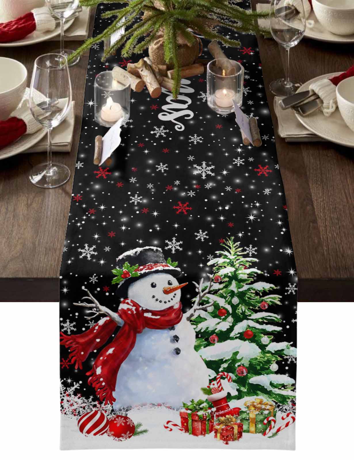 Black Red Christmas Cotton Linen Table Runner for Dining Kitchen ...