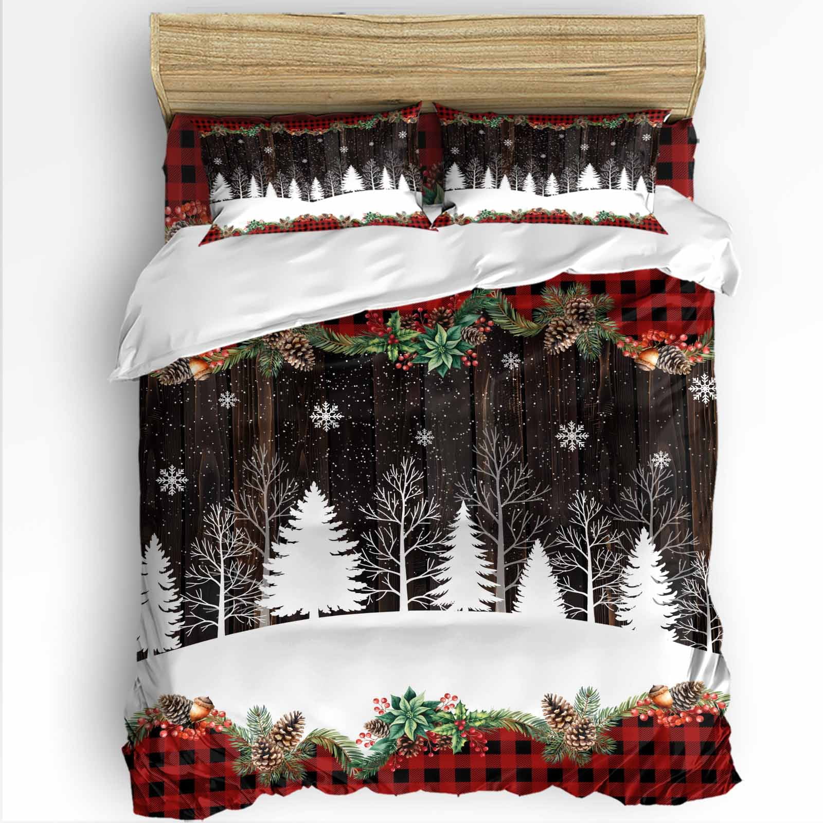 Black Red Christmas Full Size Comforter Set, Winter Snowflakes Tree ...