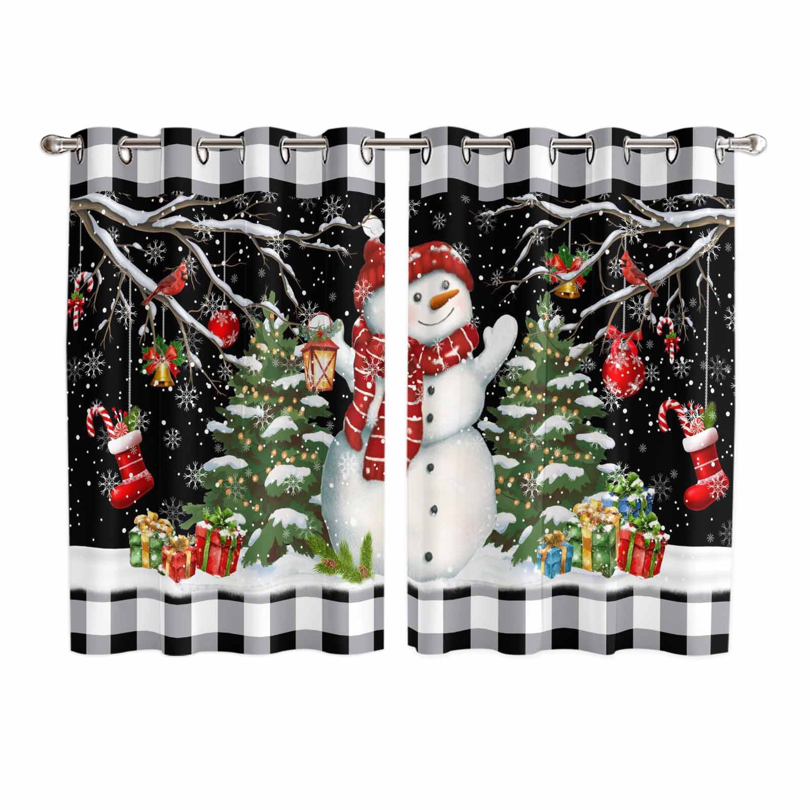 Black Red Christmas Kitchen Curtains Window Panels, Snowman Xmas Tree ...