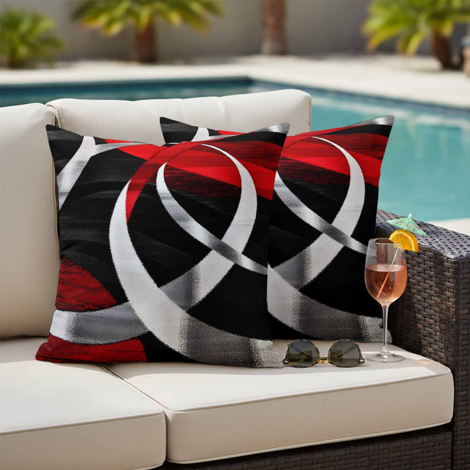 Black Red Circle Outdoor Throw Pillow Covers Set of 2, Geometric Lines ...