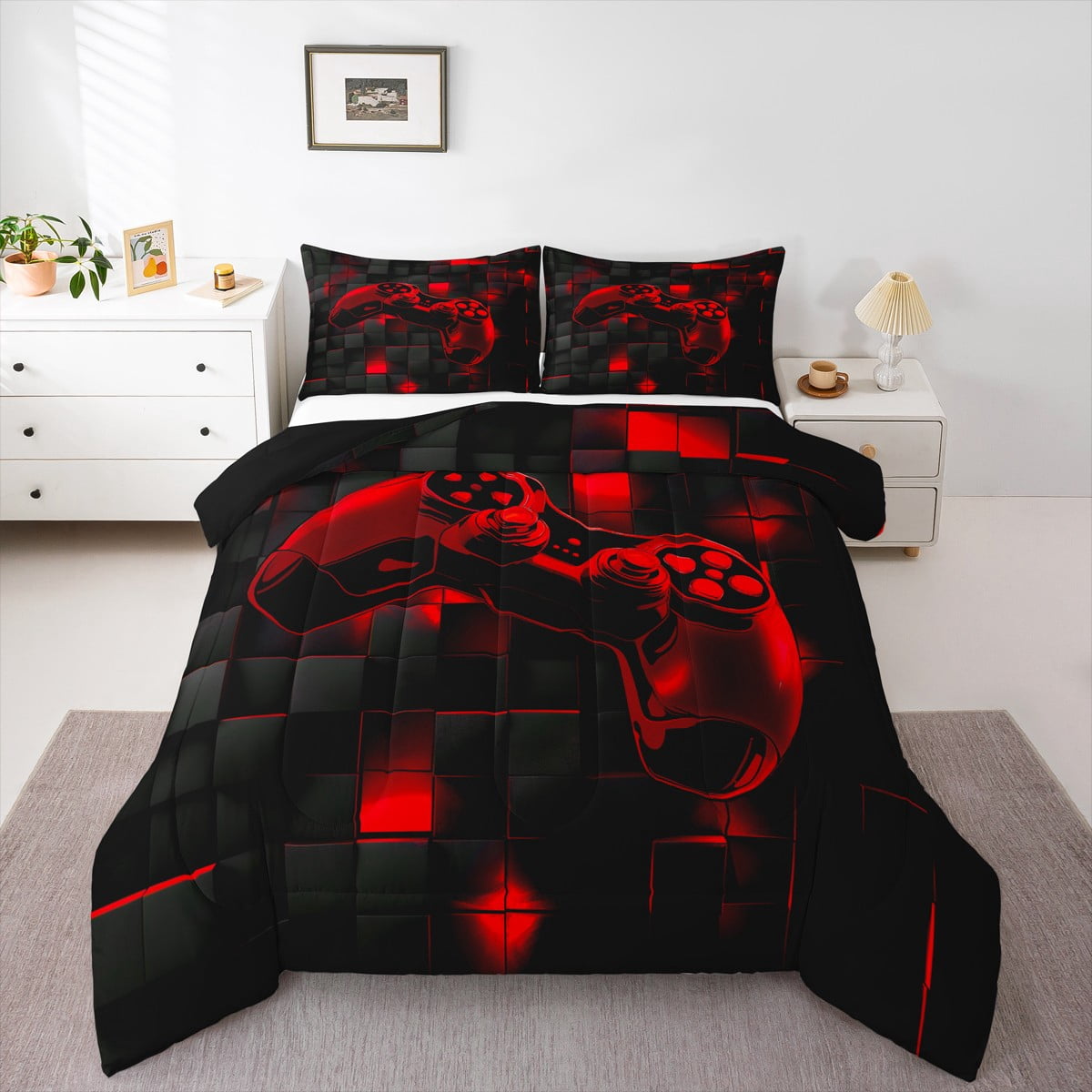 Black and Red Comforter Set Twin,Modern Geometric Gaming Bedding Set ...