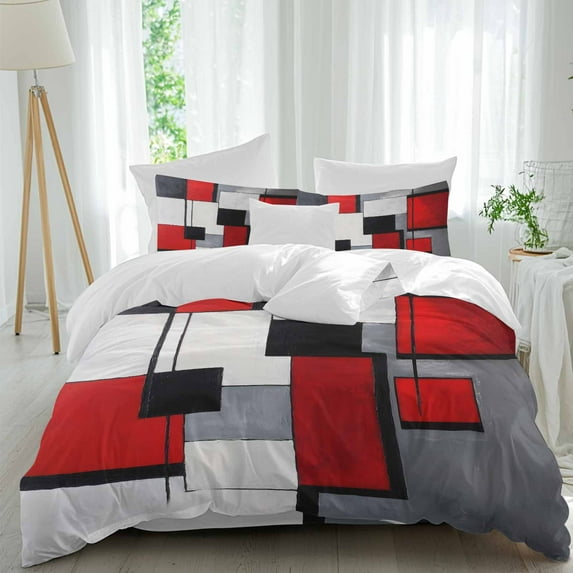 Black Red Duvet Cover Set Full Size, Color Block Stitching 4 Piece Soft ...