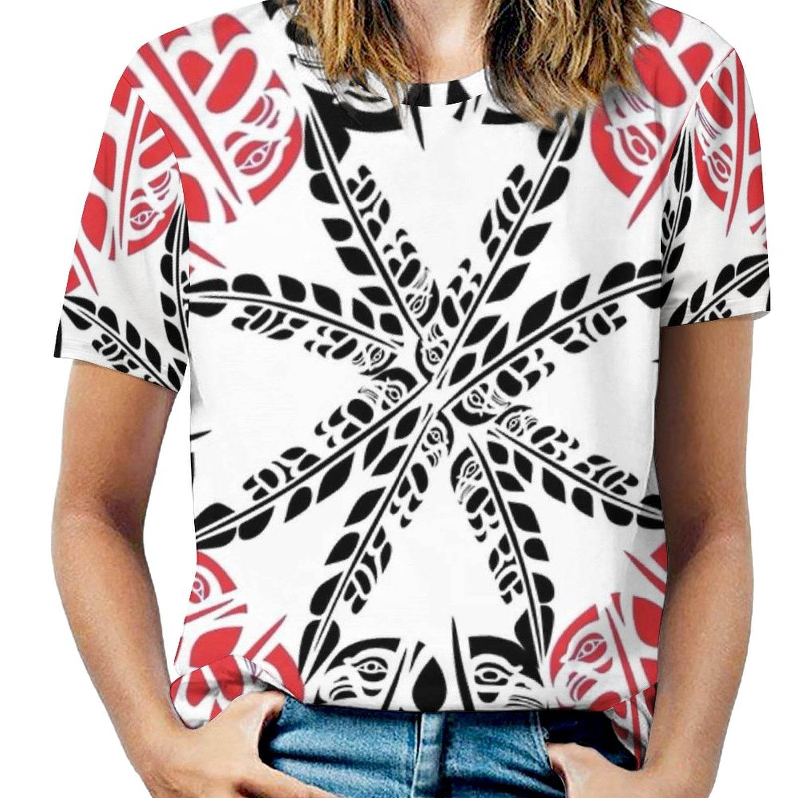 Black & Red Feathers On White Women Short Sleeve Tops O-Neck Hollow Out ...