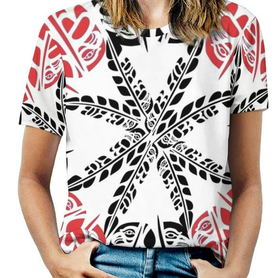 Black & Red Feathers On White Women Short Sleeve Tops O-Neck Hollow Out ...