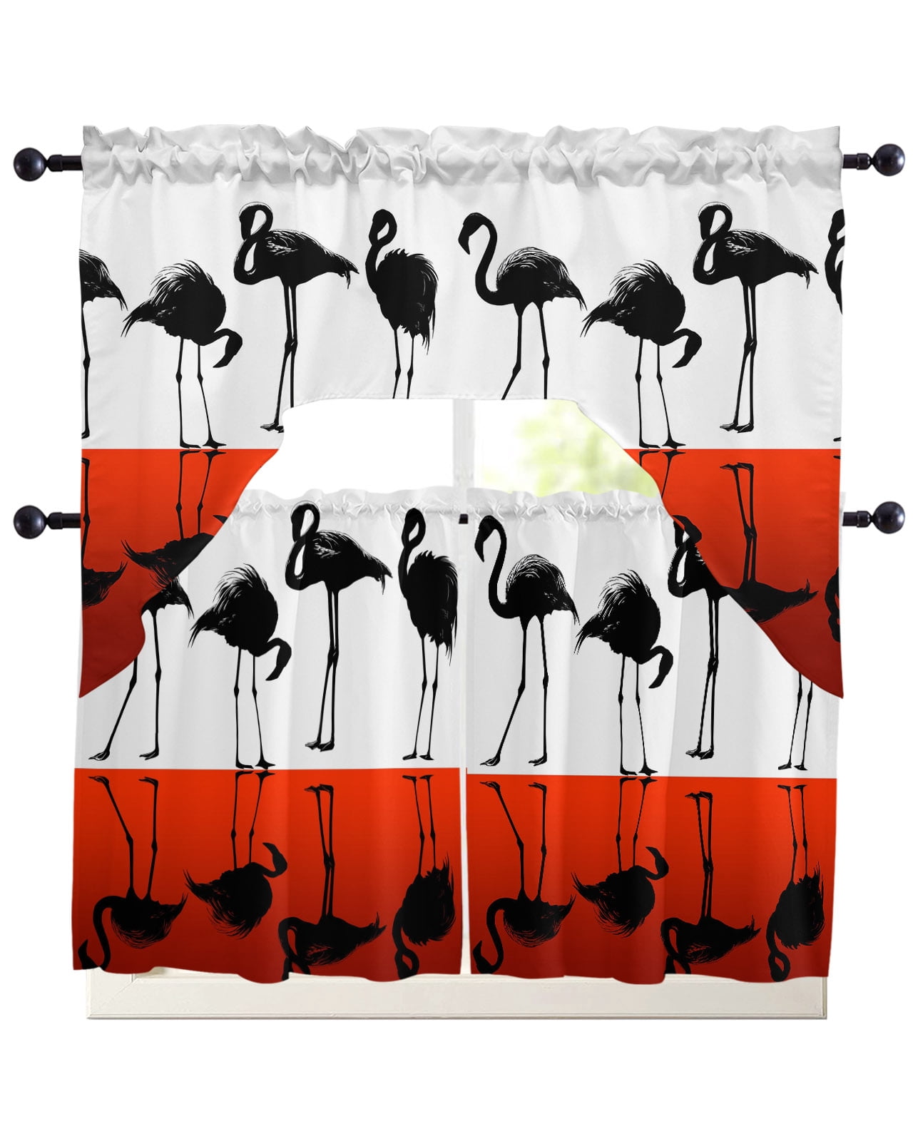 Black Red Flamingos Kitchen Curtains Sets 24 Inch Length with Valance ...