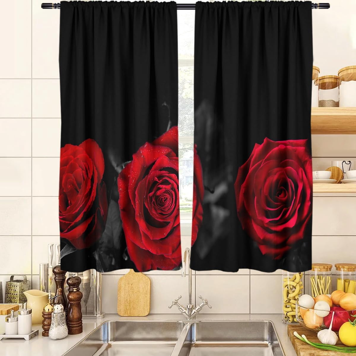 Black and Red Floral Kitcen Curtains for Doorway Rose Short Small ...