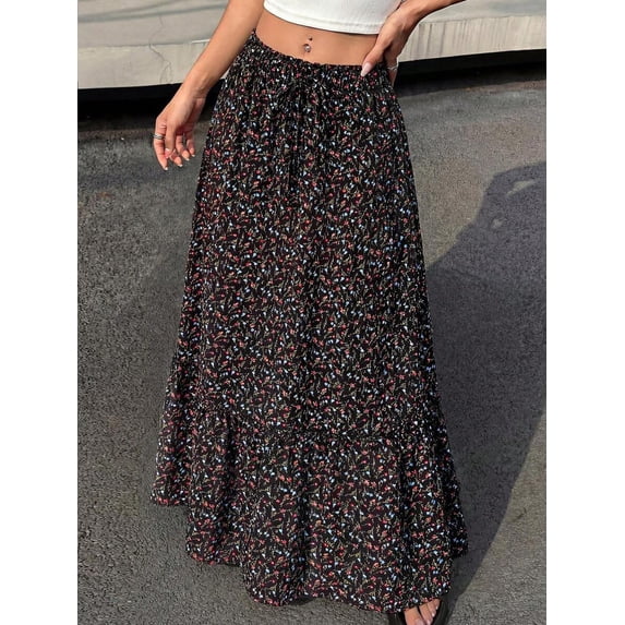 Black Red Flower Boho Elastic High-Waist Flowy Tiered A-Line Maxi Skirt ...