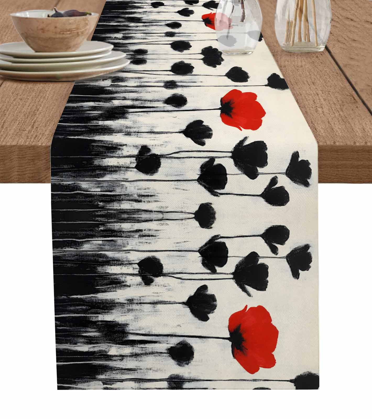 Black Red Flowers Burlap Cotton Table Runner 13x60 Inches Long, Vintage ...