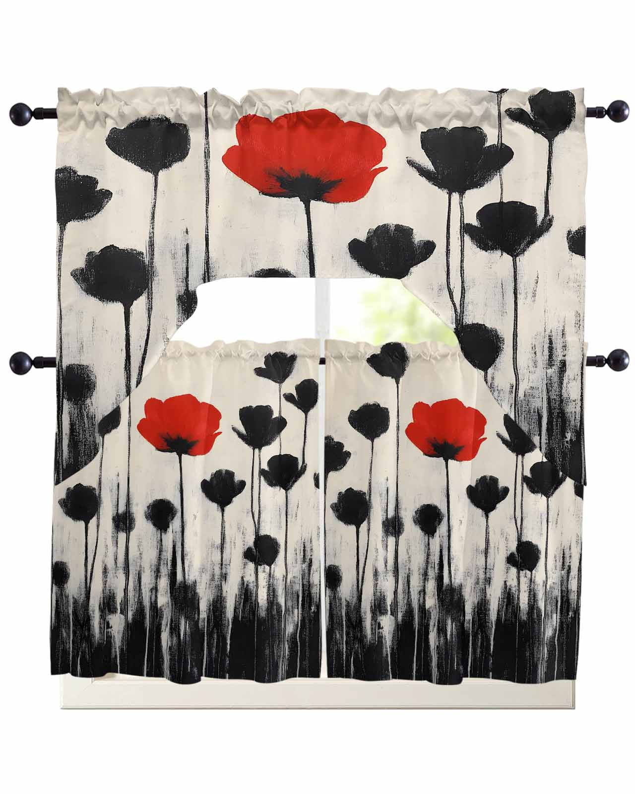 Black Red Flowers Kitchen Curtains Sets 24 Inch Length with Valance ...