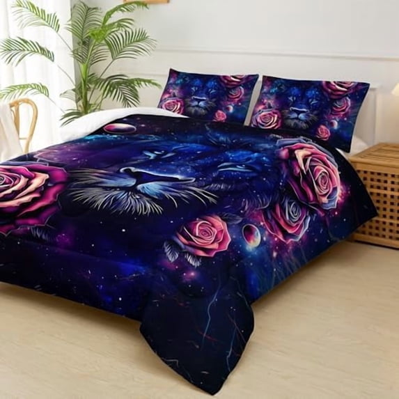 Black and Red Galaxy Roses Lion Comforter Set Full Size，Full Size ...