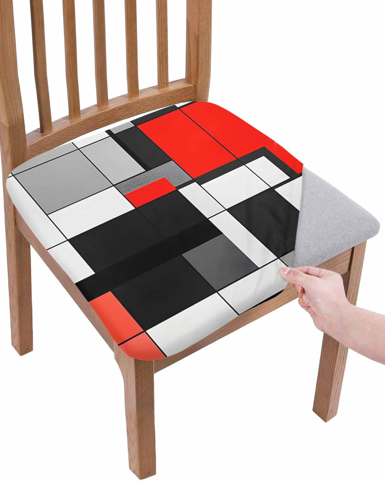 Black Red Geometric Chair Seat Covers for Dining Room Stretch Chair ...