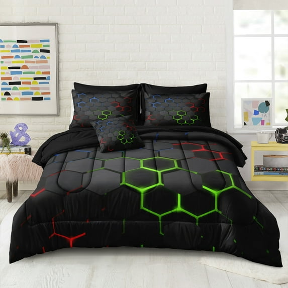 Black Red Geometric Comforter Set 8 Pieces Honeycomb Bedding Set Modern ...