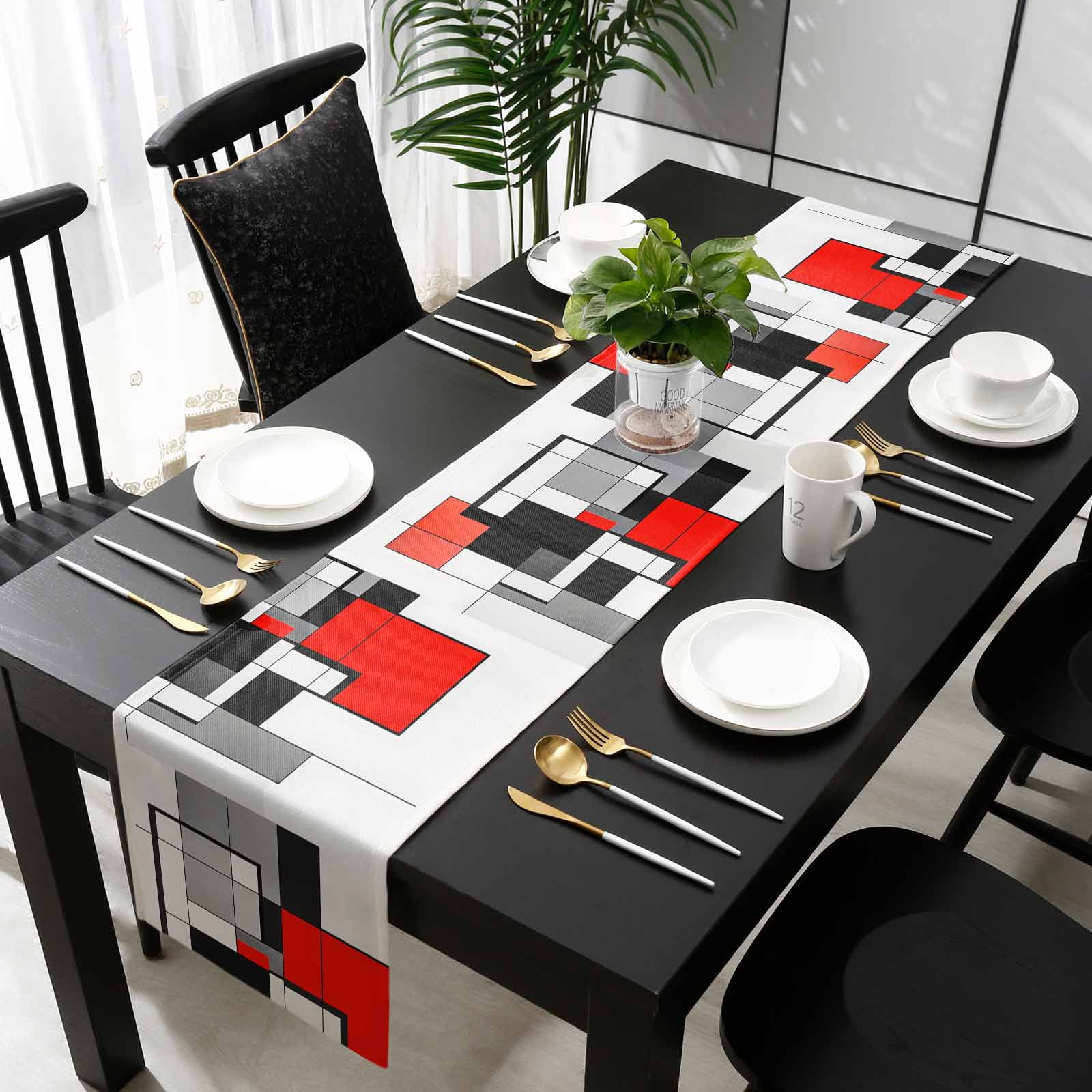 Black Red Geometric Cotton Linen Small Table Runner 13 x 48 inch Red ...