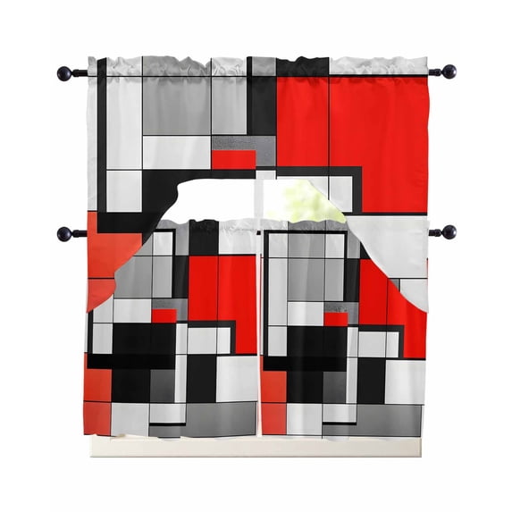 Black Red Geometric Kitchen Curtain and Valance Set 3 Pieces, Rod ...