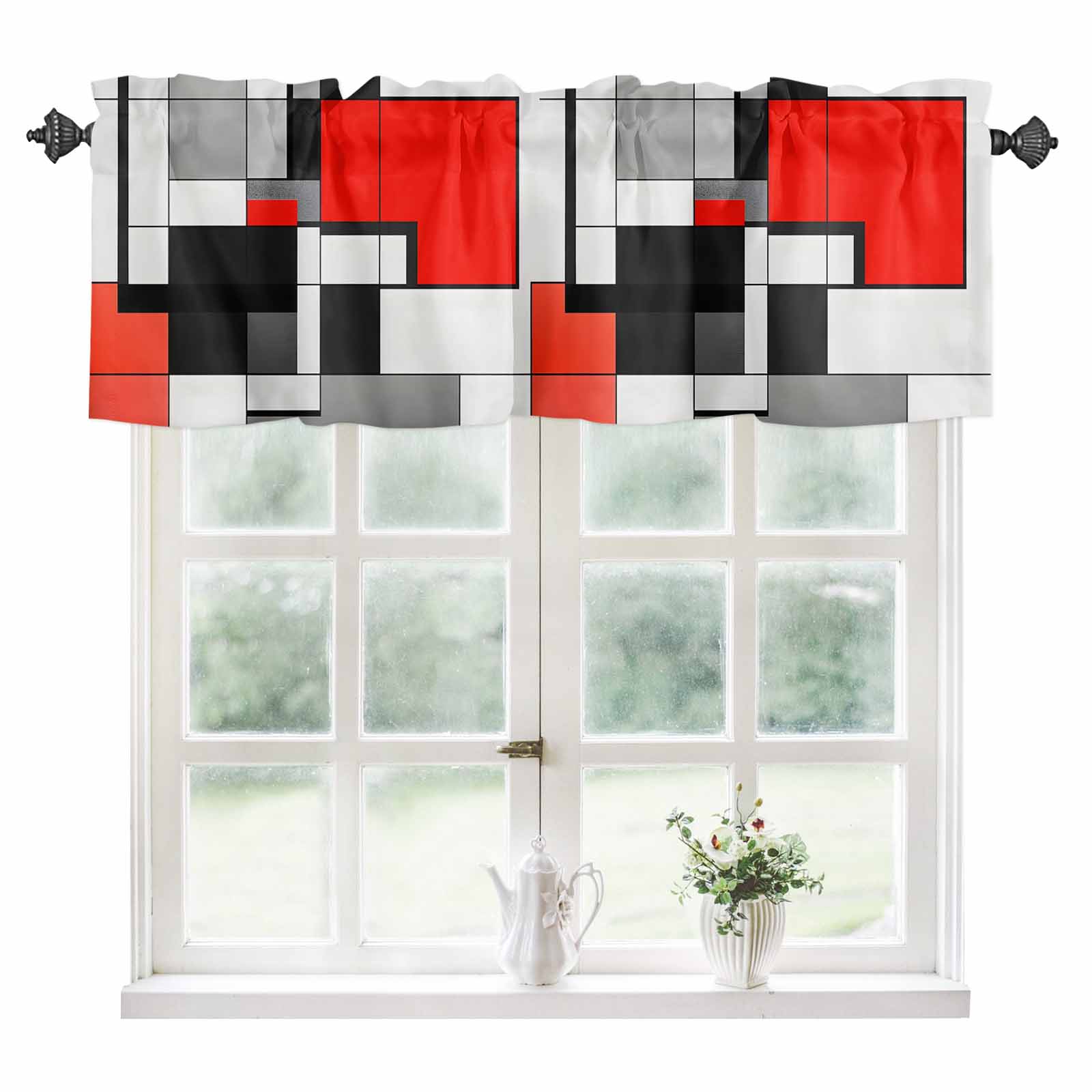 Black Red Geometric Kitchen Valances for Windows 60x18 Inch Kitchen ...