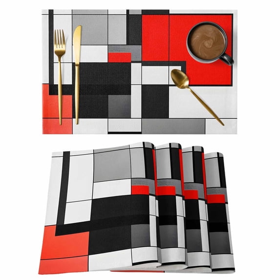 Black Red Geometric Placemats Set of 8, Cotton Linen Fabric Place Mats ...