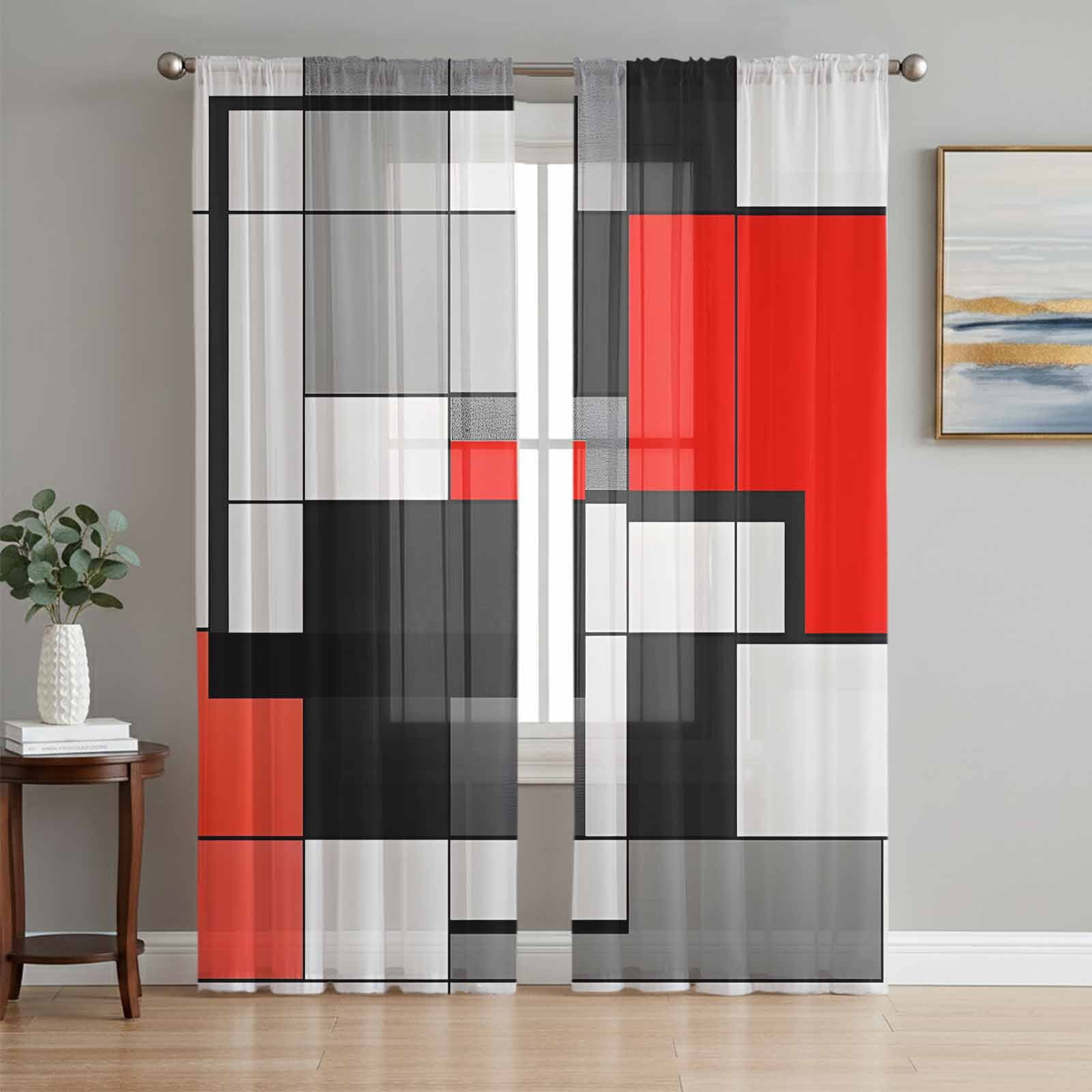 Black Red Geometric Sheer Curtains 63 Inch Length 2 Panels Set, Red ...