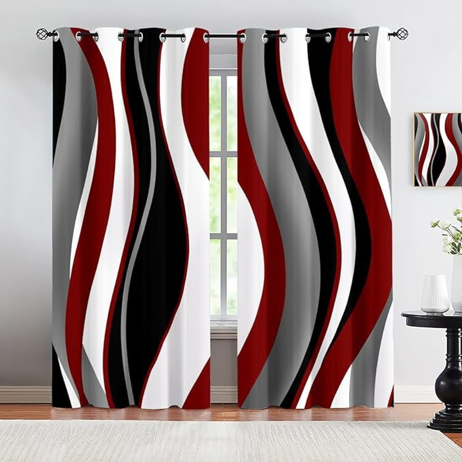 Black Red Geometric Stripes Blackout Curtain, Black White Water Art ...