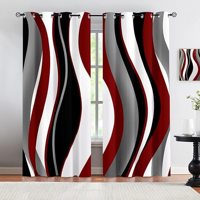 Black Red Geometric Stripes Blackout Curtains, Black White Water Art ...