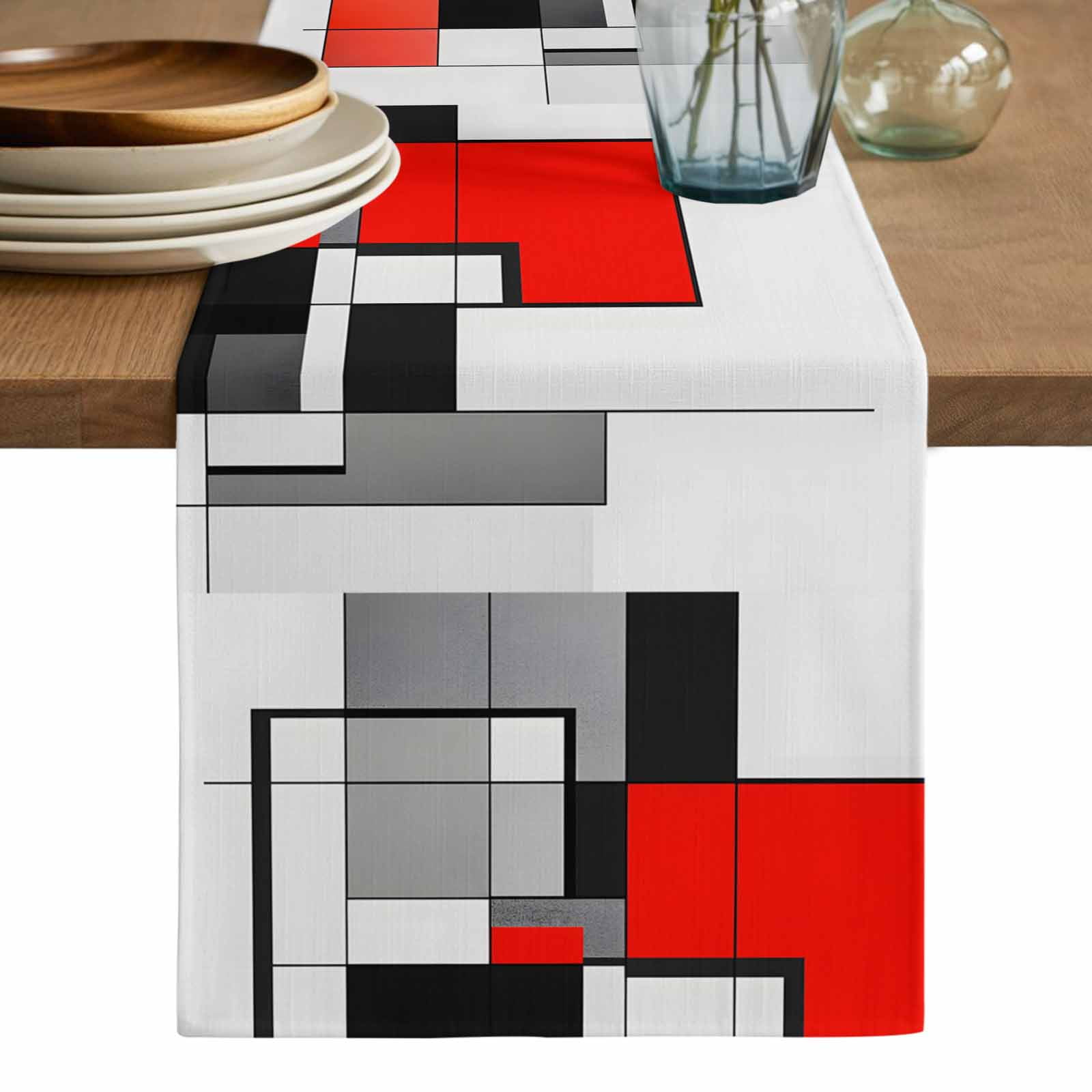 Black Red Geometric Table Runner, Red White Abstract Art Modern ...