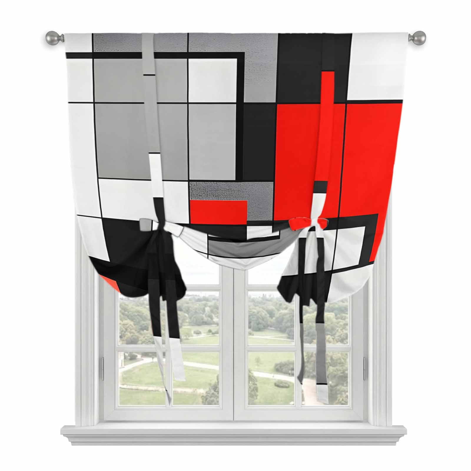 Black Red Geometric Tie Up Curtain Valance for Window,Adjustable Rod ...