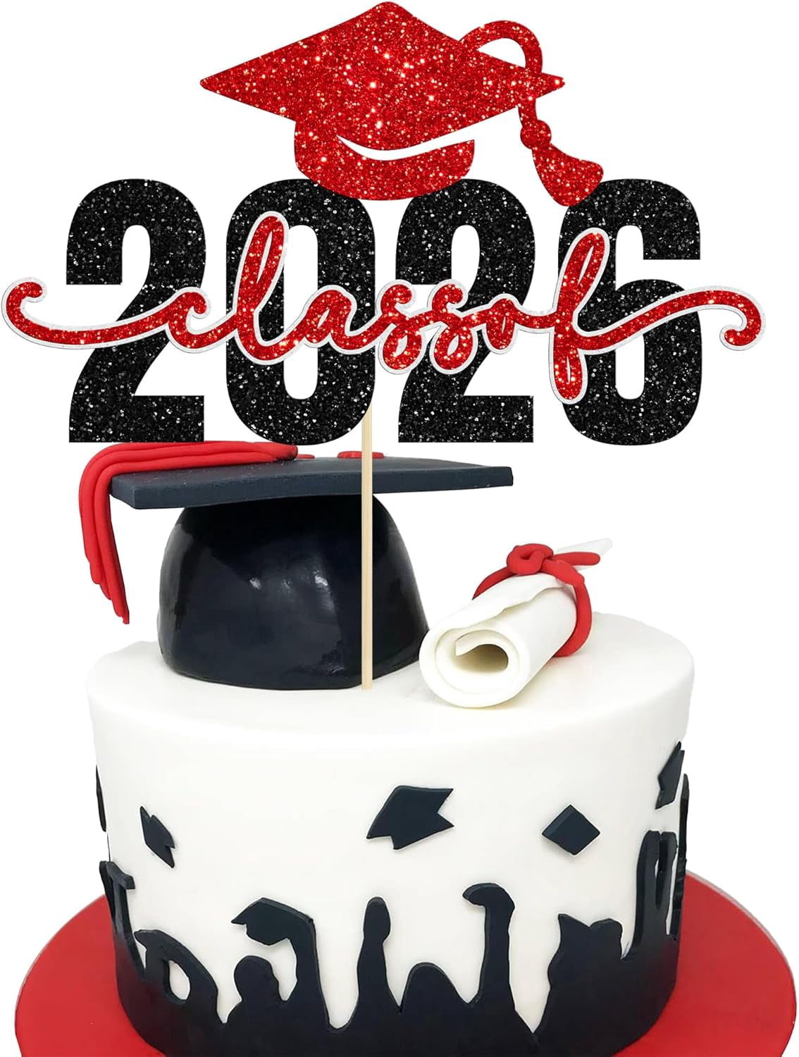 Black & Red Glitter Class of 2026 Graduation Cake Topper, Single Piece ...