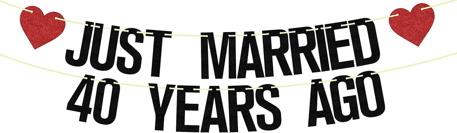 Black Red Glitter Just Married 40 Years Ago Banner with Red Heart ...