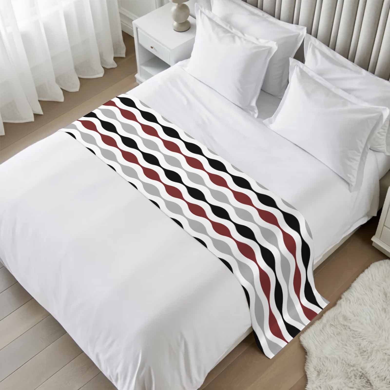 Black Red Gray Bed Runner Scarf, Medieval Print Waves Geometric Twin ...