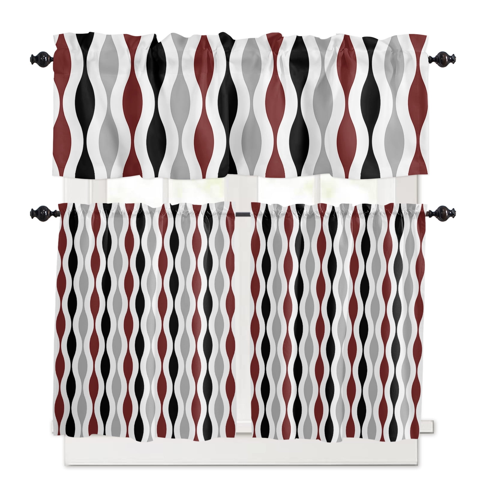 Black Red Gray Kitchen Curtains Valances and Tiers Set of 3, Waves ...